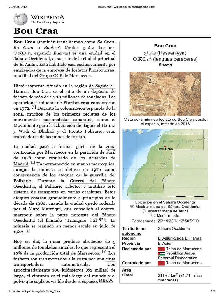 Bou Craa - Wikipedia, La Enciclopedia Libre | PDF | Sahara Occidental
