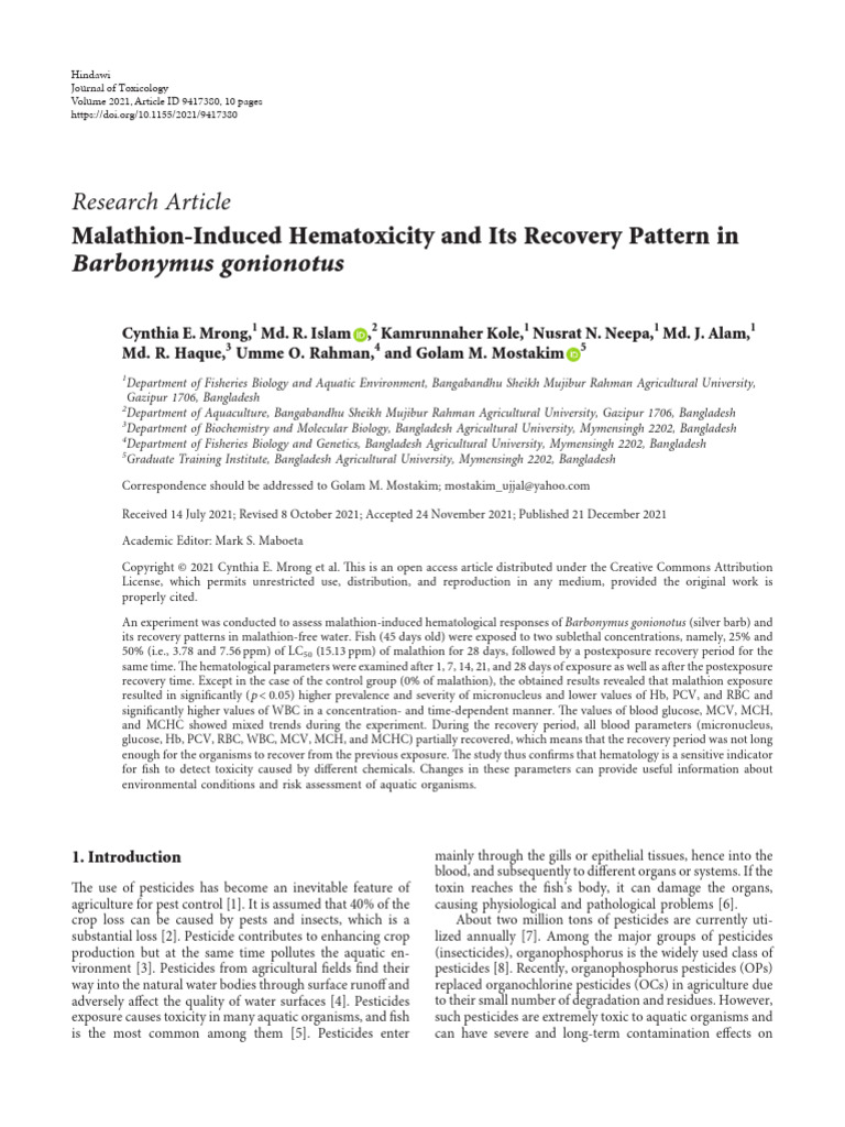 Paper 2Malathion-Induced - Hematoxicity - and - Its - Recovery - Pa | PDF