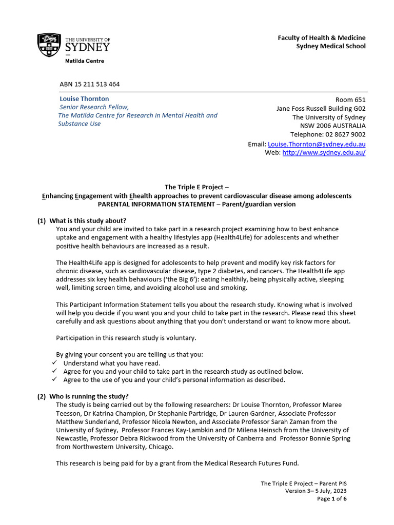 Triple E Parent Guardian Participant Information Statement | PDF | Mobile App | Cardiovascular ...