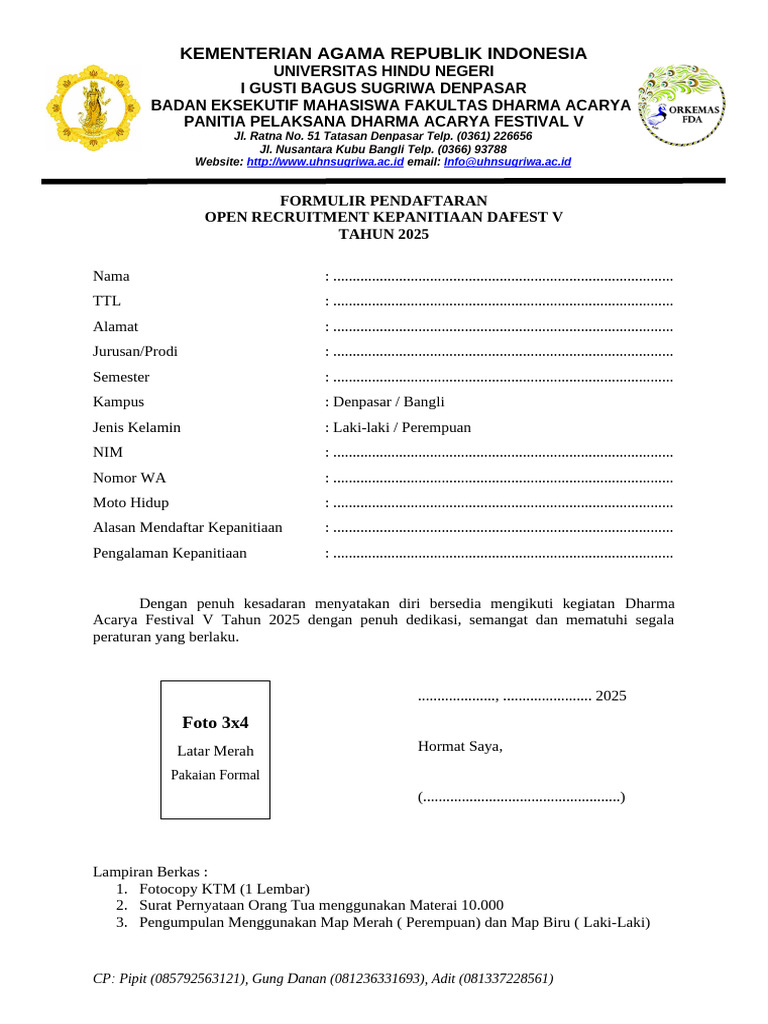 Formulir Pendaftaran Open Recruitment DAFEST V | PDF