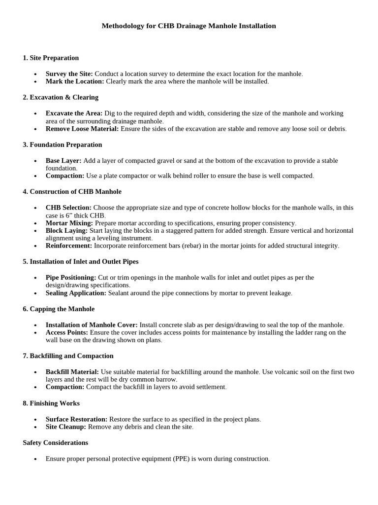 Methodology For CHB Drainage Manhole Installation | PDF | Concrete ...