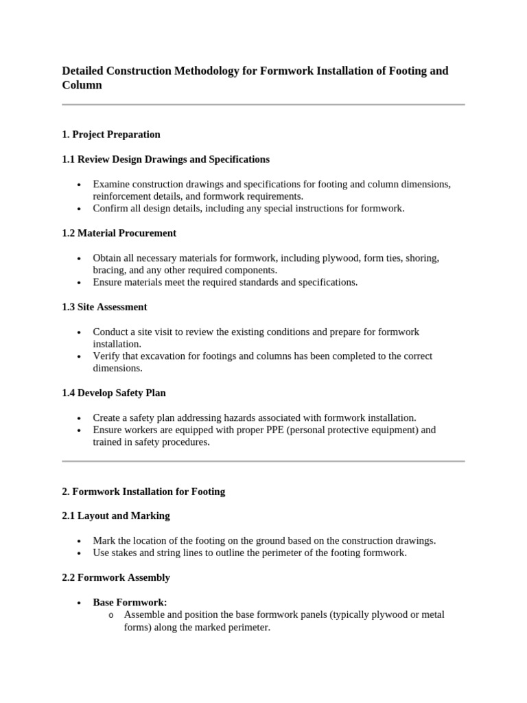 Detailed Construction Methodology For Formwork Installation of Footing ...