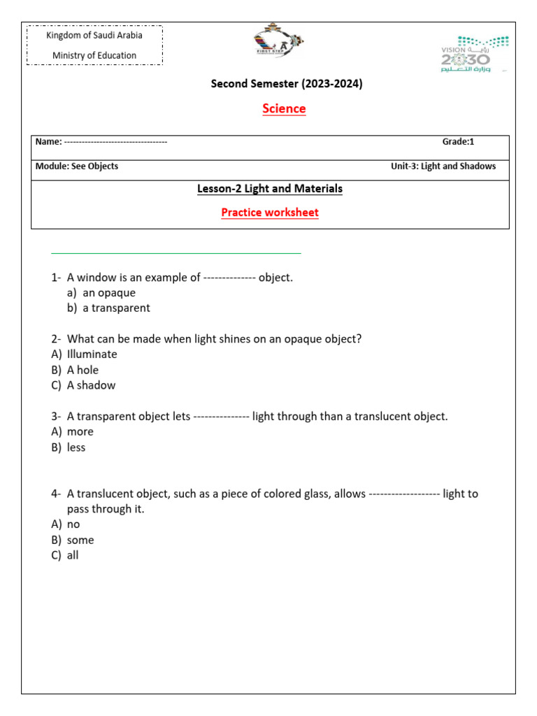 Lesson 2 Light Materials | PDF