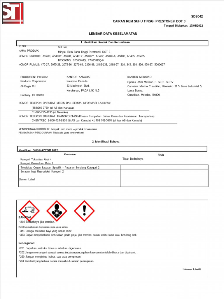 MSDS - PRESTONE - Brake Fluid | PDF