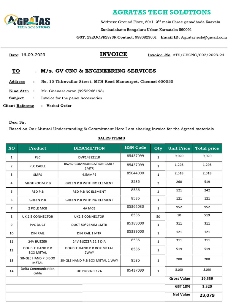 002-GV CNC-Invoice for panel Accessories(16-09-2023) | PDF