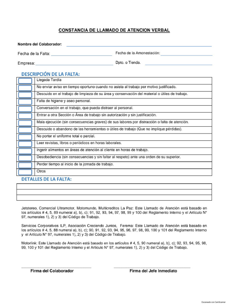 Anexo 01 - Formato de Llamado de Atención Verbal | PDF