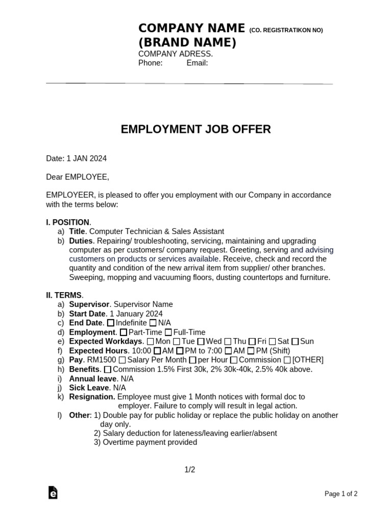 Job Offer Letter Computer Technician | PDF