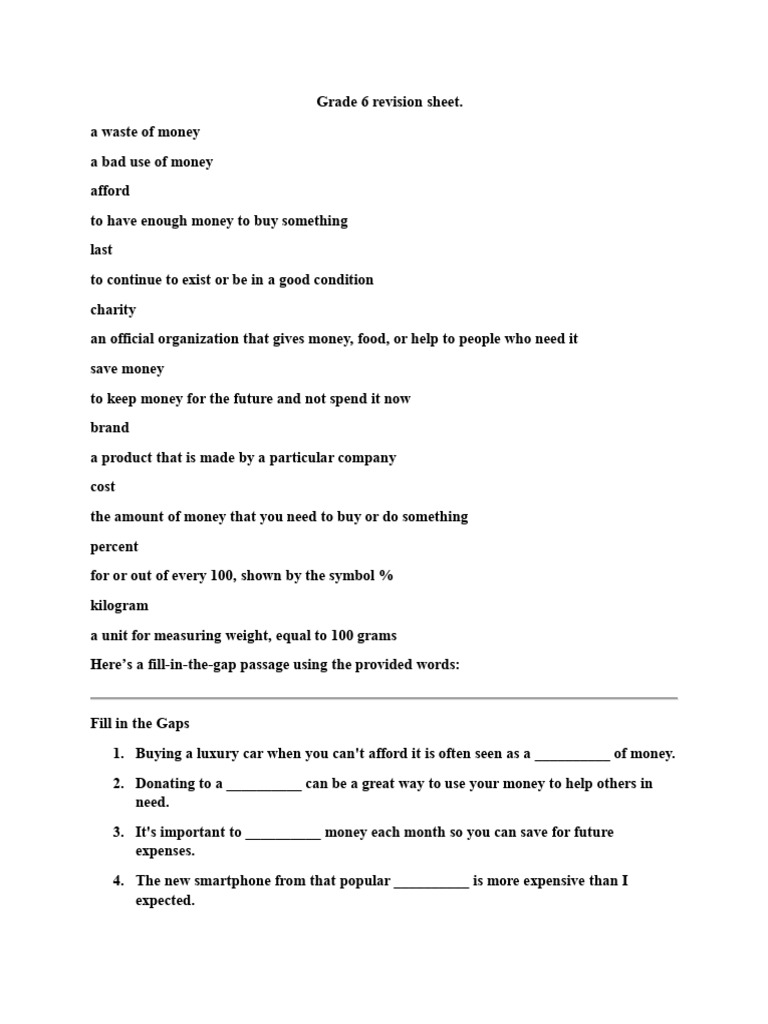 grade 6 revision sheets term 2 exam | PDF | Money | Bathroom