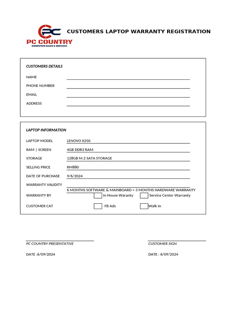 Customers Laptop Waranty Form | PDF