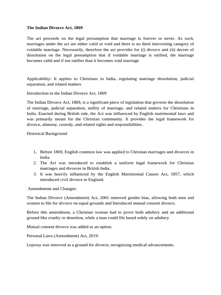 Overview of the Indian Divorce Act, 1869 | PDF | Annulment | Child Custody
