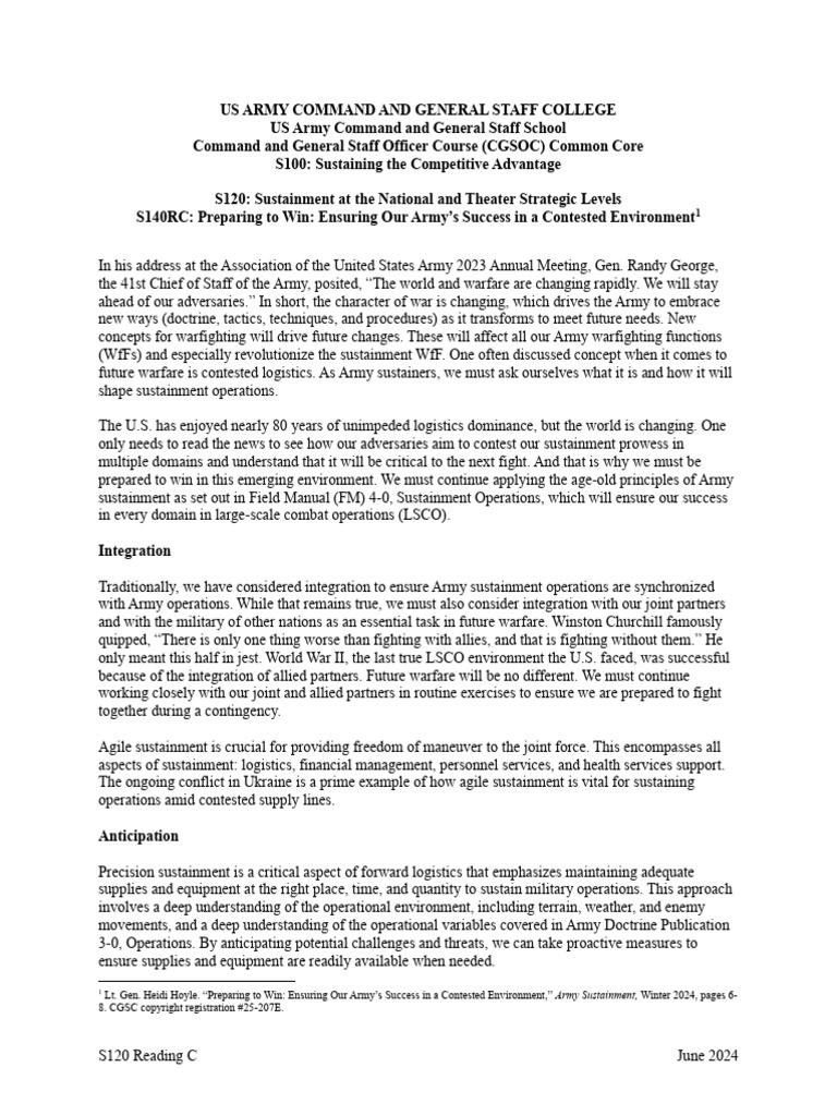 Preparing To Win Ensuring Our Army Success in A Contested Environment ...