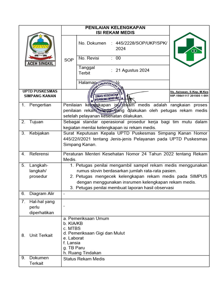 Sop Penilaian Kelengkapan Isi Rme | PDF