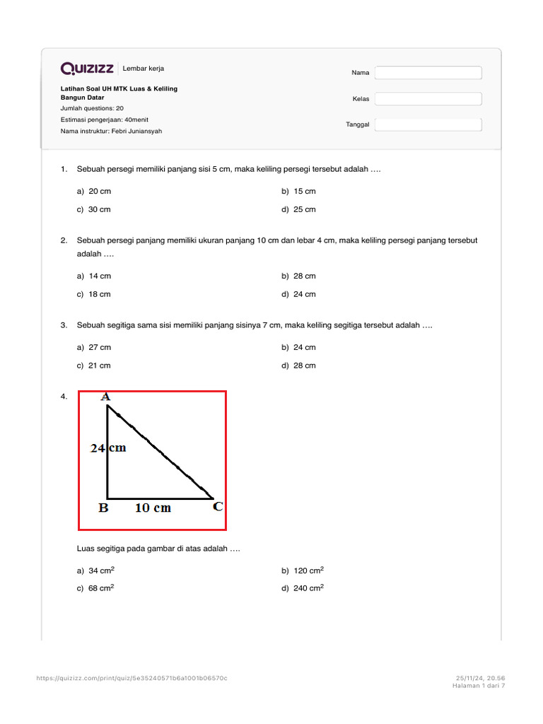Latihan Soal UH MTK Luas & Keliling Bangun Datar - Quizizz | PDF