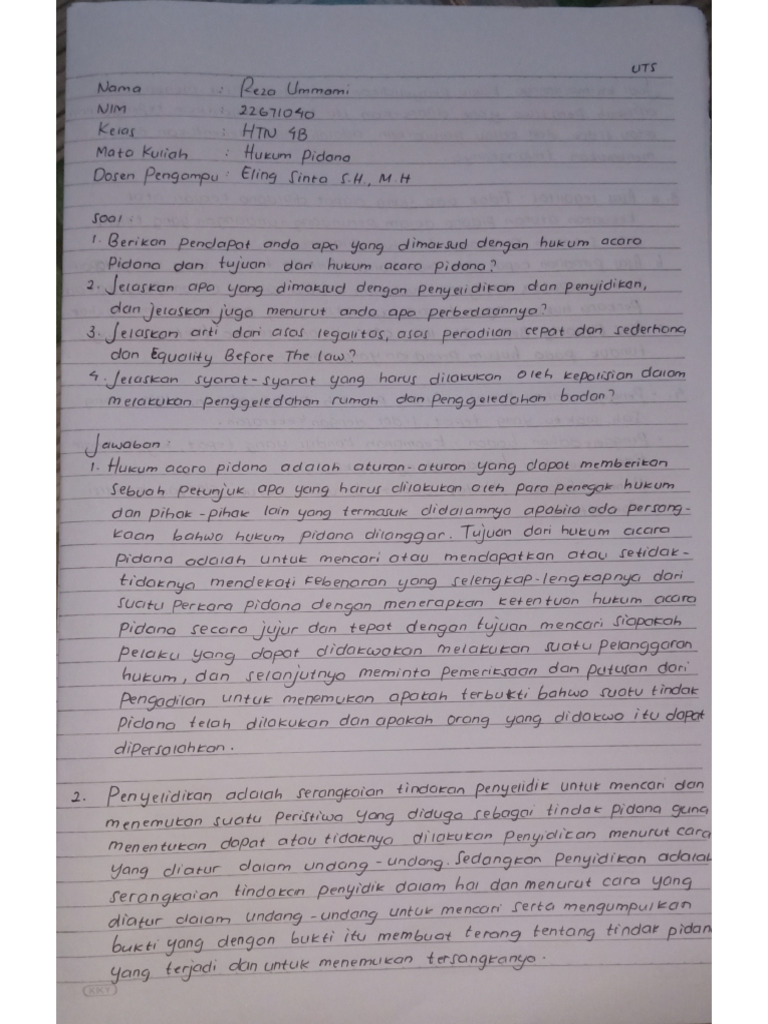 UTS Hukum Acara Pidana, Reza Ummami (22671040) HTN 4B | PDF