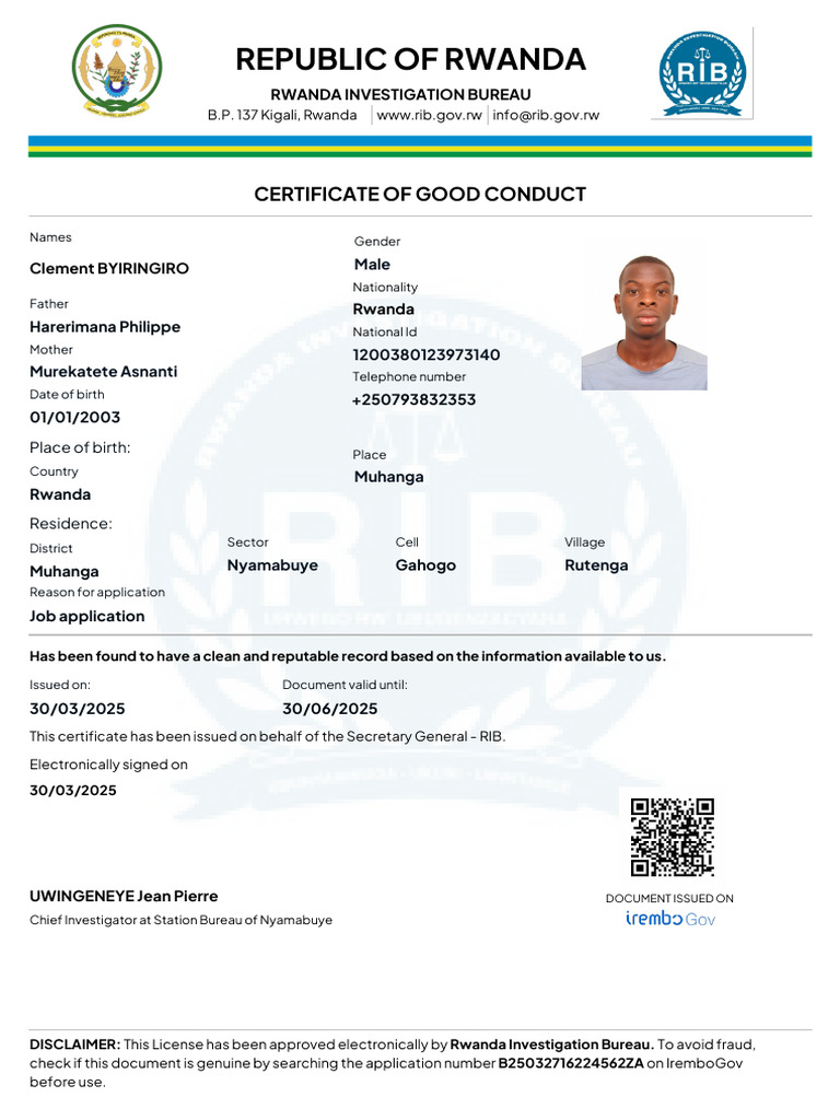 Rwanda Good Conduct Certificate 2025 | PDF