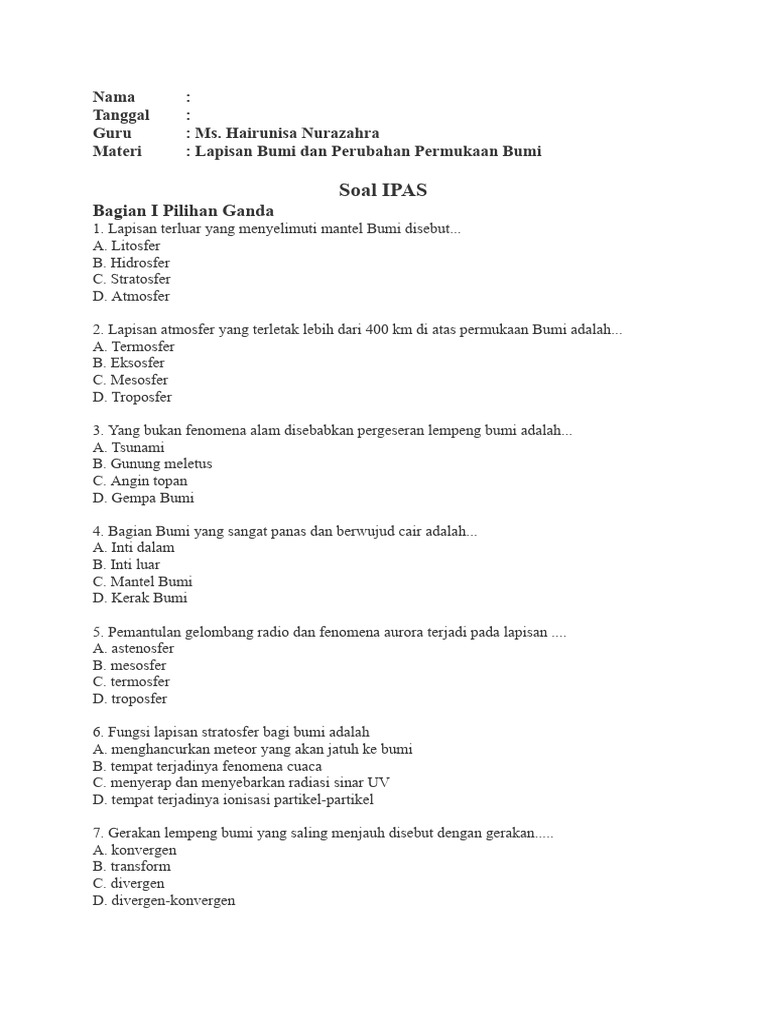 Soal IPAS Lapisan Bumi Dan Perubahan Permukaan Bumi Kelas 5 SD | PDF