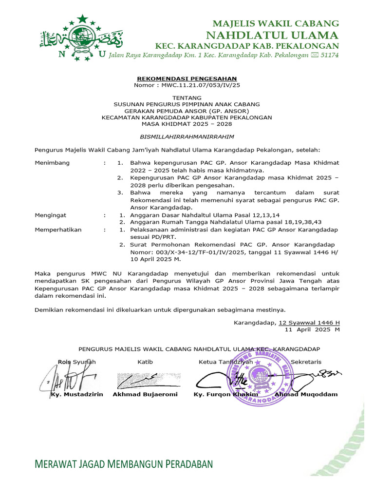 053.surat Rekomendasi MWC Nu Pac Ansor 2025 | PDF