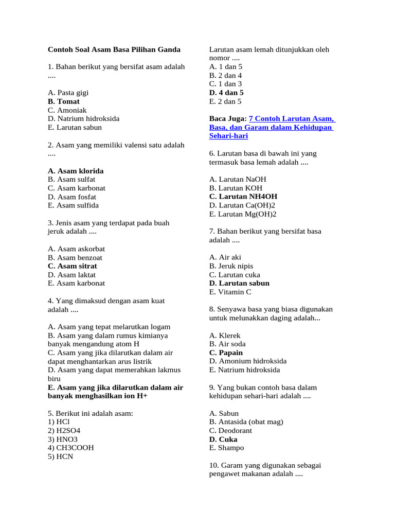 Contoh Soal Asam Basa Pilihan Ganda - Anis | PDF