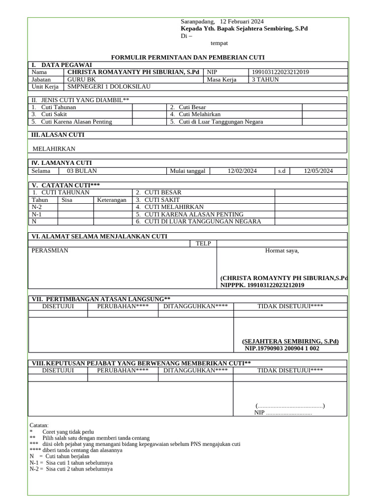 Formulir Permintaan Cuti Melahirkan | PDF