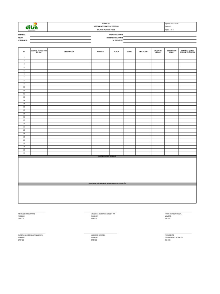 Formato de baja de activos fijos Ditsa V0 | PDF