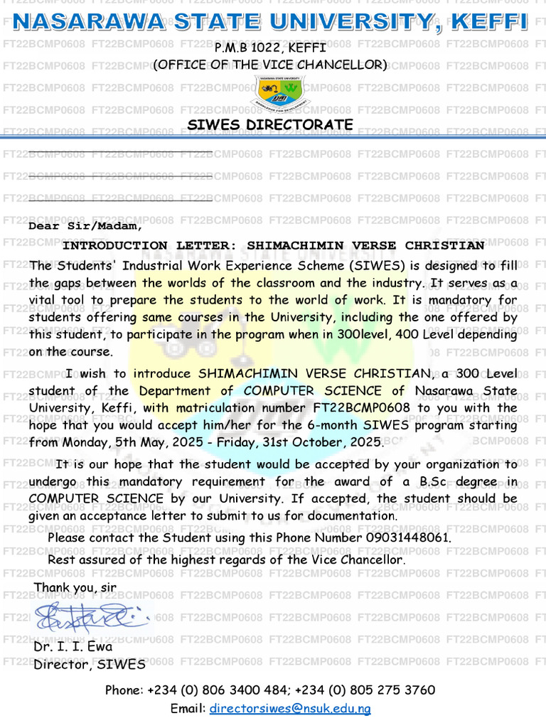SIWES736175 Introduction Letter | PDF