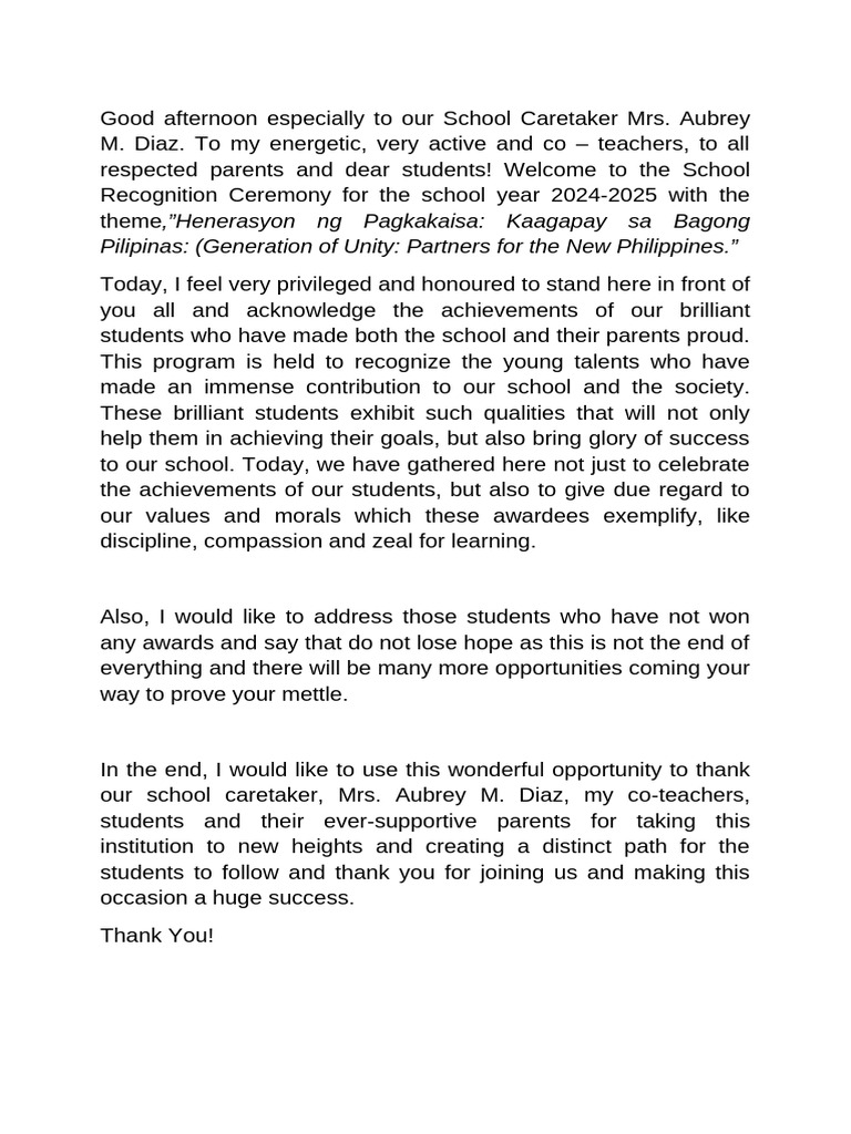 Opening Remarks For Recognition Day For Students | PDF