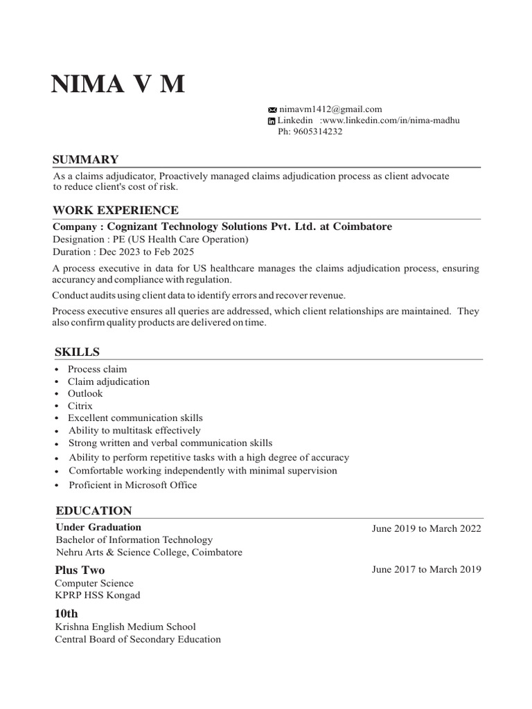 Claims Adjudicator Resume for Nima V M | PDF
