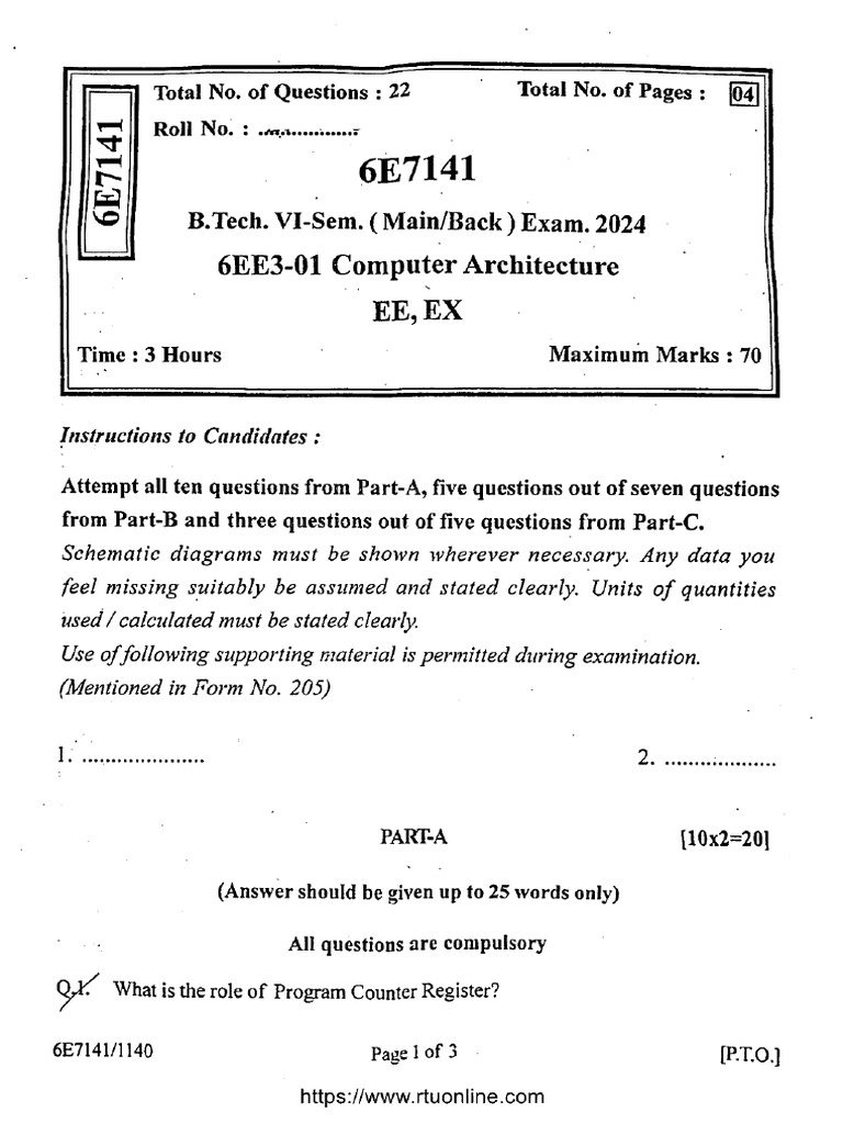 Btech Ee Ex 6 Sem Computer Architecture 6e7141 2024 | PDF