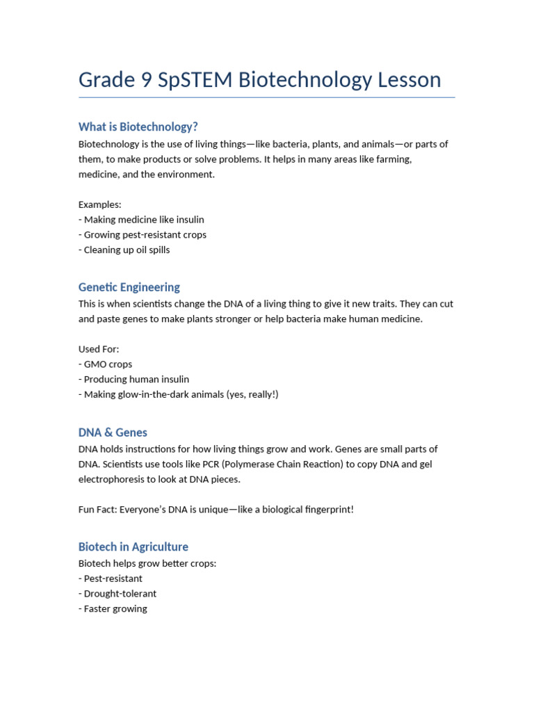 Grade 9 Biotechnology Lesson | PDF