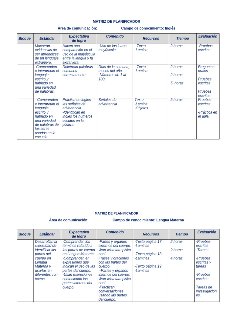 Matriz de Planificador - L1, Artística, Inglés y Educ. Física | PDF ...