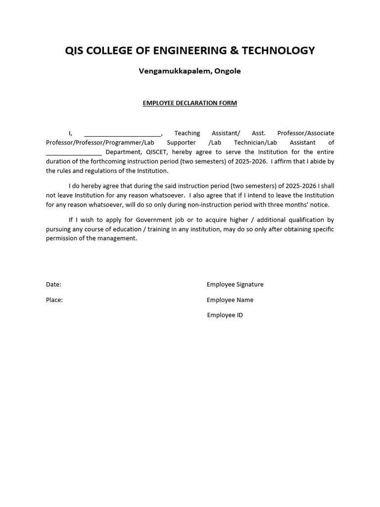 QISCET - 2025-26-Employee Declaration Form | PDF