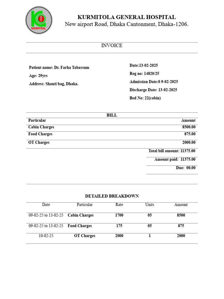 KURMITOLA HOSPITAL INVOICE DETAILS | PDF