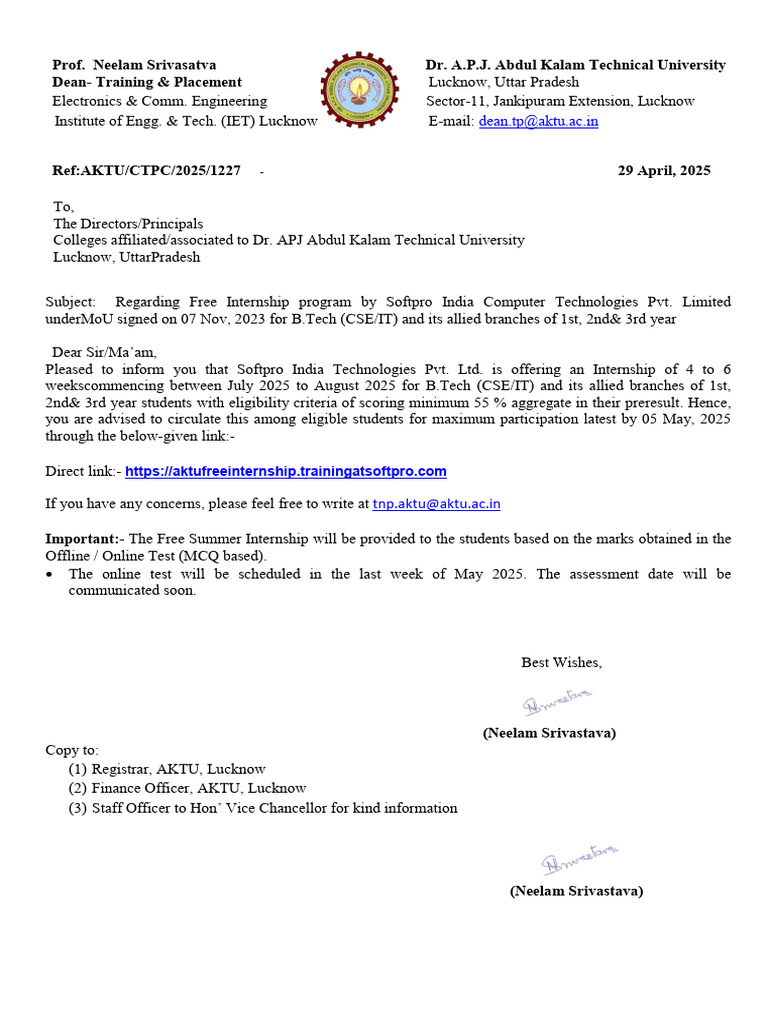 AKTU Circular Regarding Free Internship Program by Softpro India ...