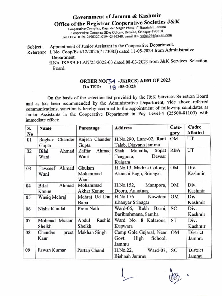 Appointment of Junior Assistant in The Cooperative Department | PDF