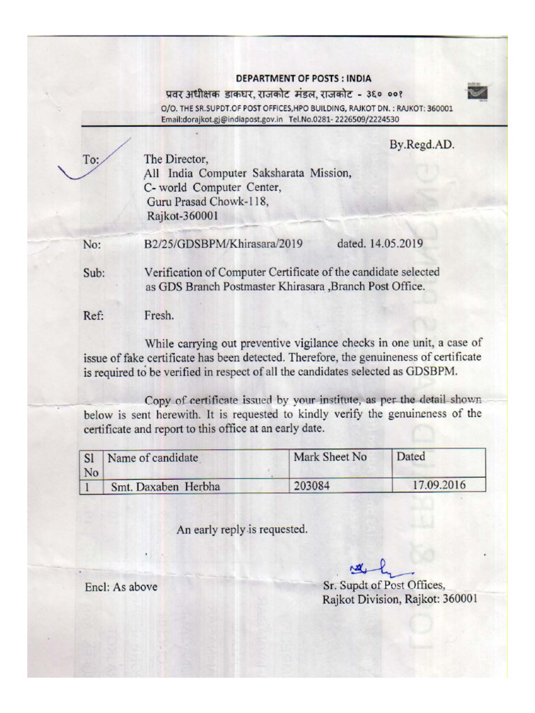 Varification From Indian Post For Post Master | PDF