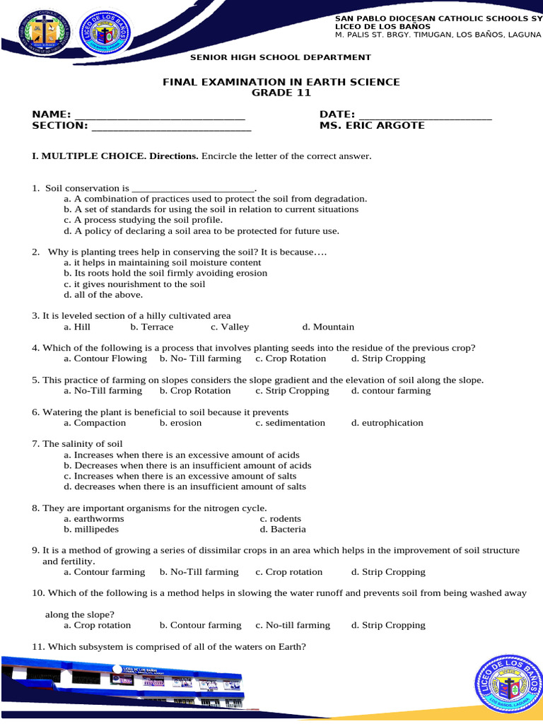 Grade 11 Earth Science Final Exam | PDF | Soil | Solid