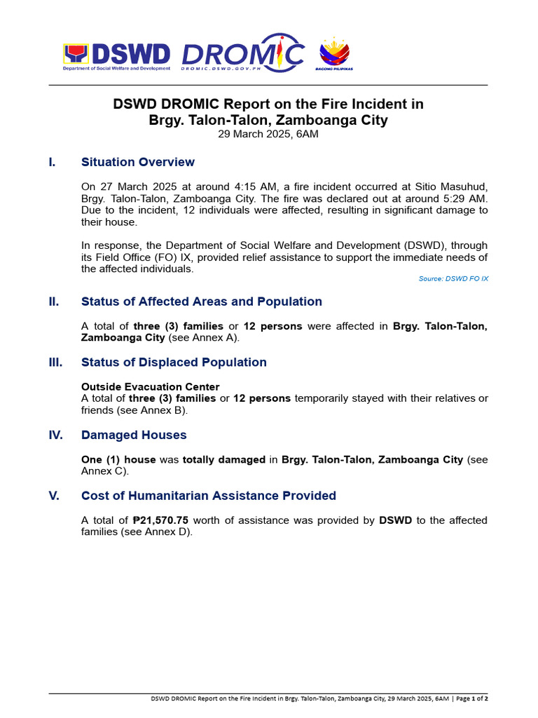 DSWD DROMIC Report On The Fire Incident in Brgy. Talon Talon Zamboanga City 29 March 2025 6AM ...