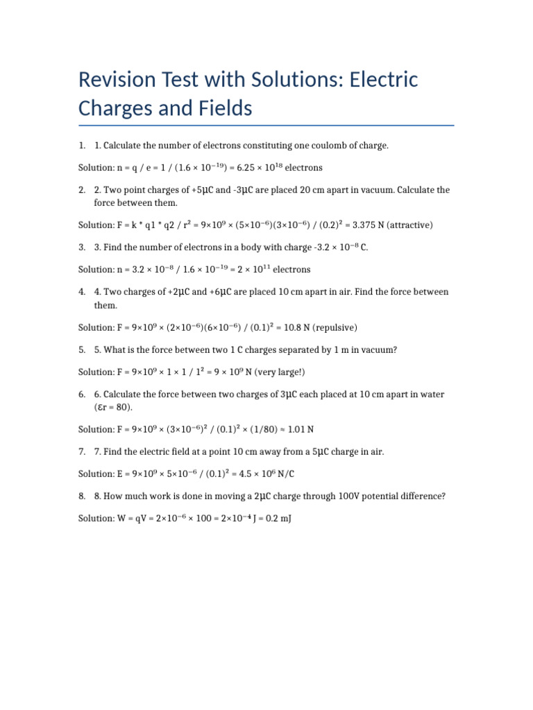 Electric Charges and Fields Test Solutions | PDF