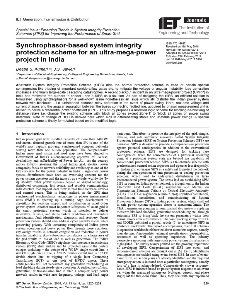 IET Generation Trans Dist - 2019 - Kumar - Synchrophasor Based System ...
