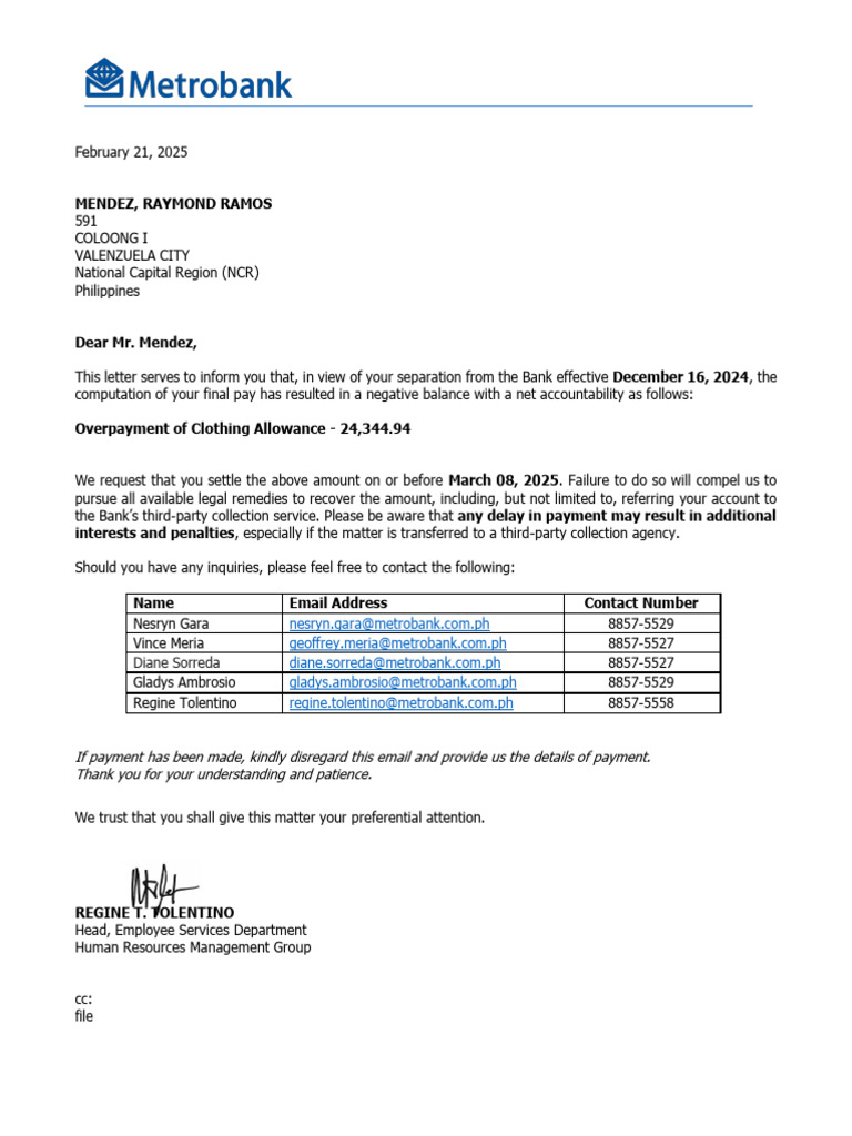 Demand Letter & Settlement Procedure - Mendez, Raymond Ramos | PDF | Business | Banking