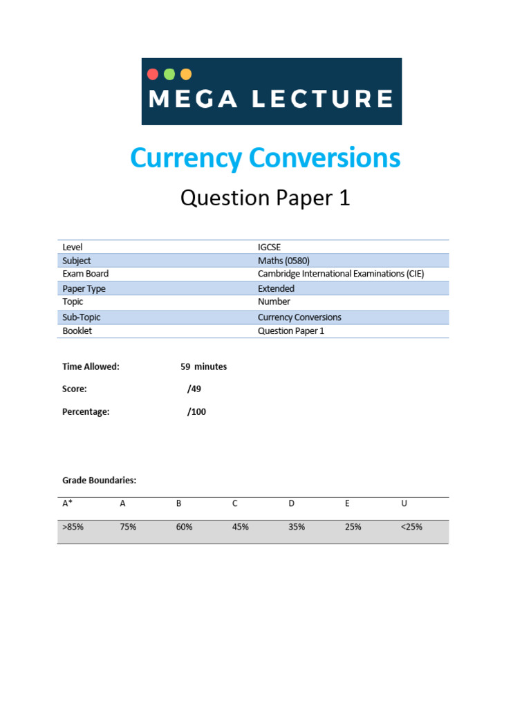 Currency Conversion IGCSE Practice | PDF | Student Assessment And ...