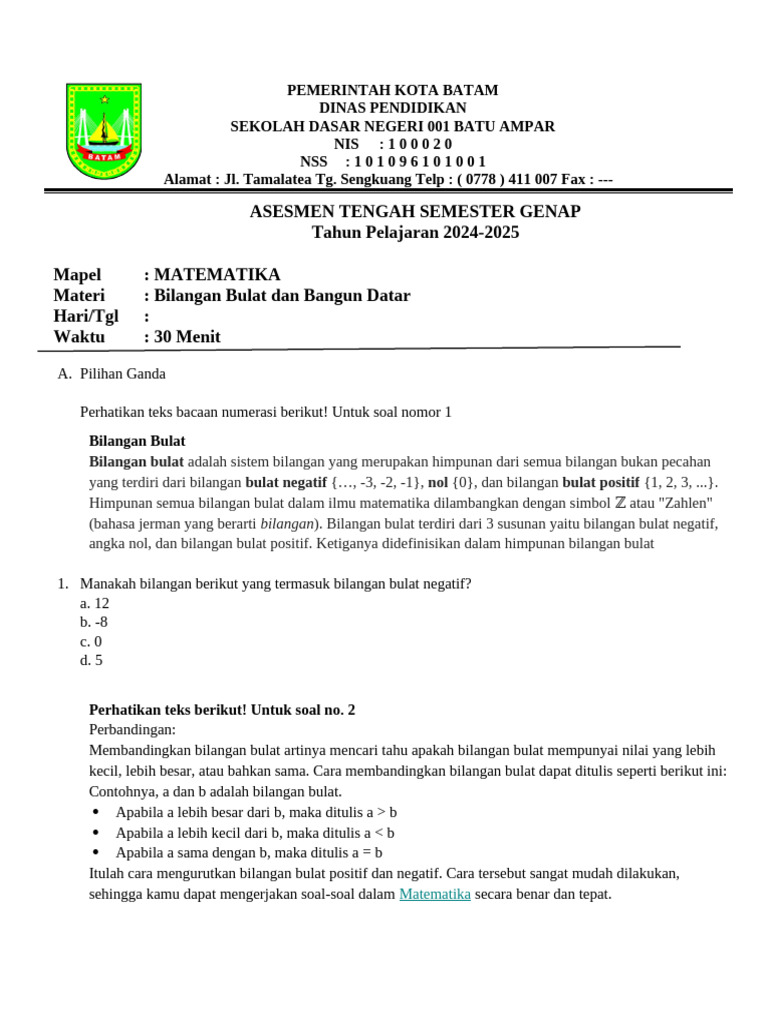 Soal MTK Uts 2025 | PDF
