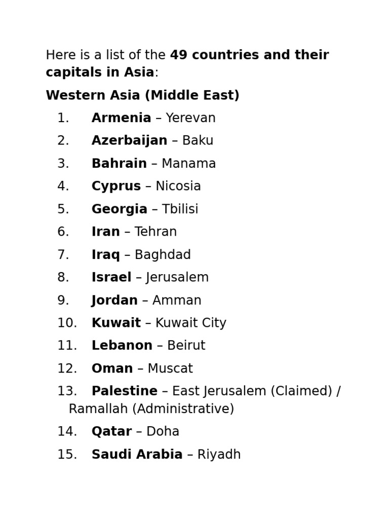 Asia Countries and Capitals | PDF