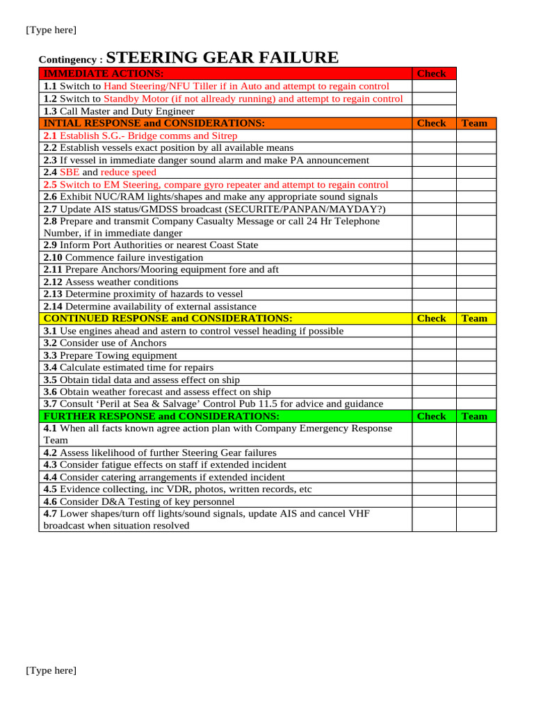 Steering Gear Failure Response Checklist | PDF