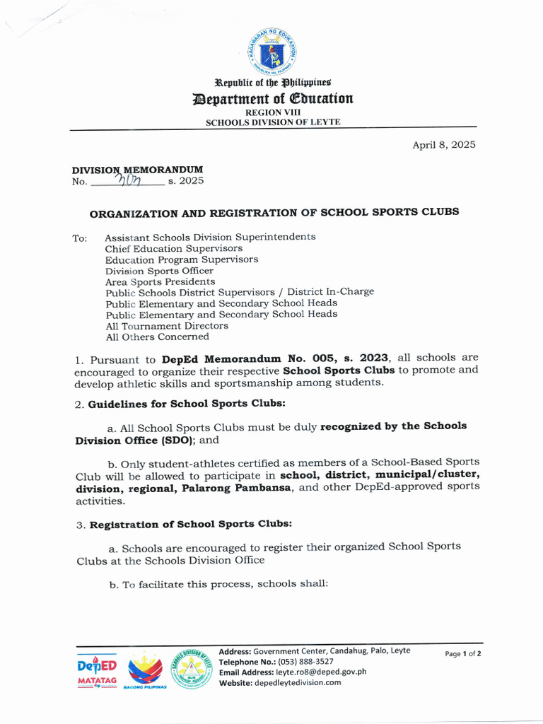 DM No. 303, s.2025 Organization and Registration of School Sports Clubs ...