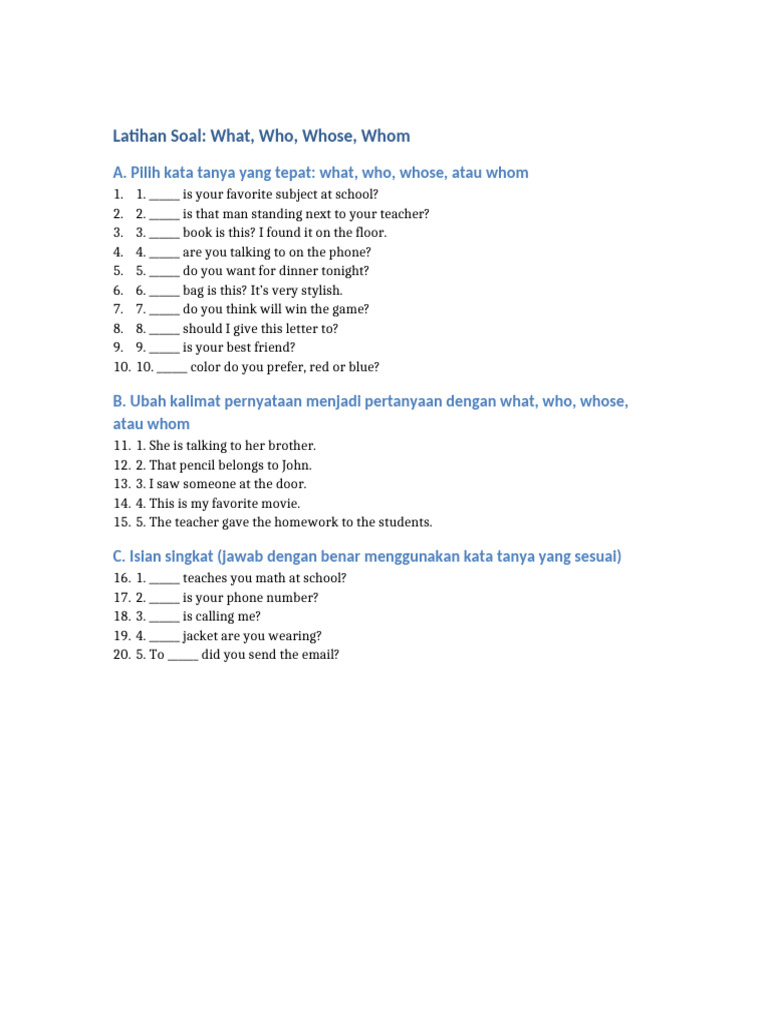 Exercises on Who, Whom, Whose | PDF