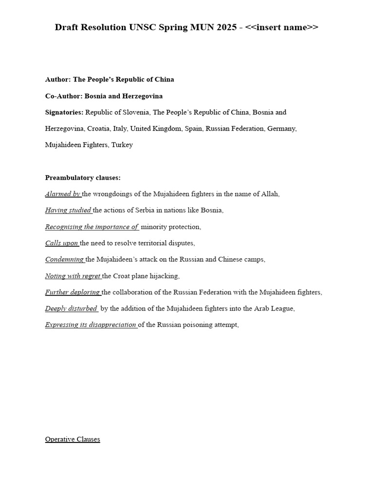 Draft Resolution UNSC Spring MUN 2025 - Skibidi Yugo | PDF | Socialist Federal Republic Of ...