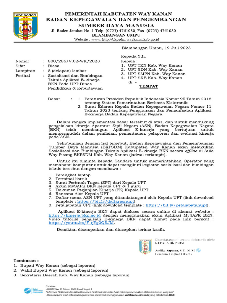 Surat Edaran Bimtek E-Kinerja BKN Untuk UPT Dinas P & K Di TTE | PDF