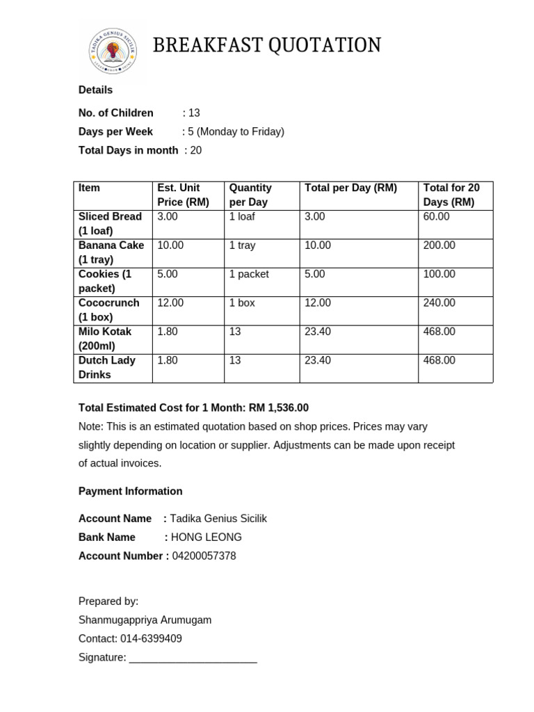 Monthly Breakfast Quotation for 13 Kids | PDF