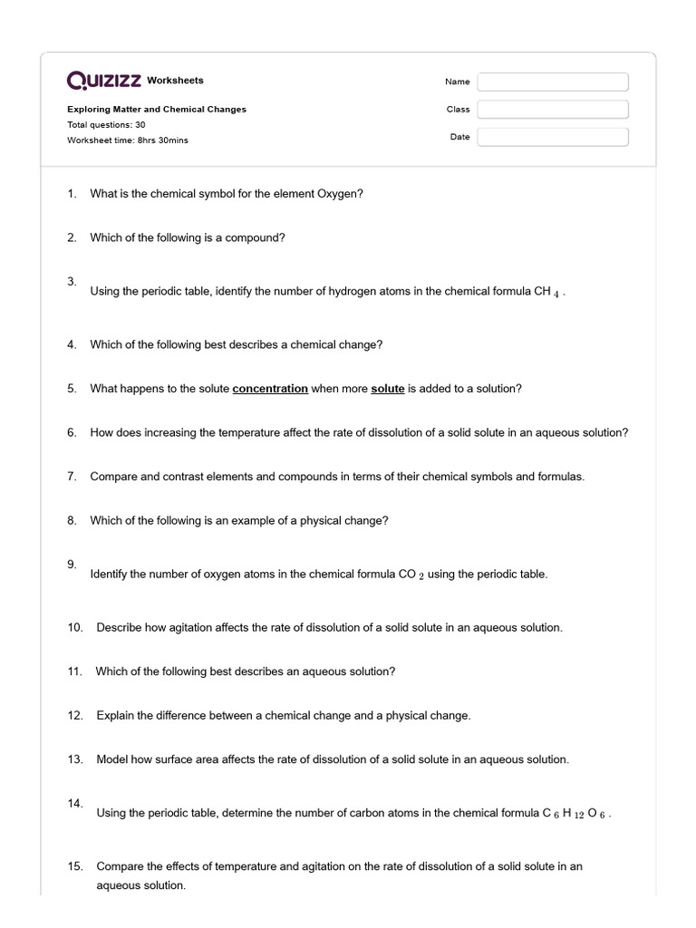 Exploring Matter and Chemical Changes - Quizizz | PDF | Chemical ...